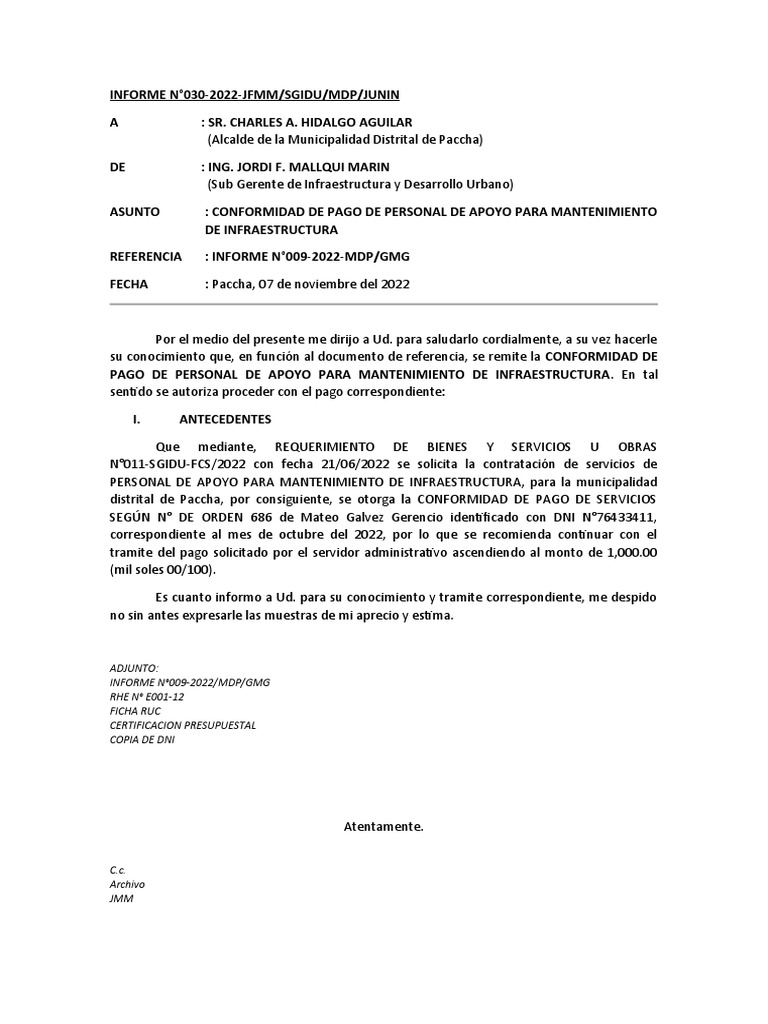 Inf. 030 Conformidad Pago de Personal Apoyo Mtto Infraestructura | PDF