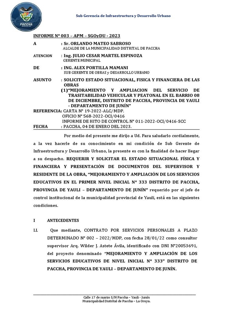 Informe #003 2023 Informe Estado Situasional de Obra | PDF