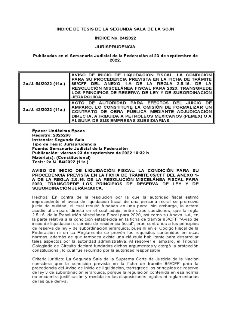 Índice 24-2022 Segunda Sala SCJN | Descargar gratis PDF | Regulación ...
