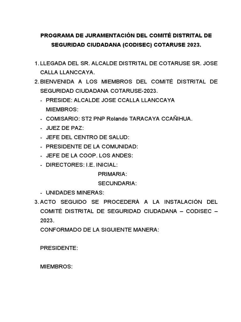 Juramentación CODISEC Cotaruse 2023 | PDF | Ministerio (Departamento de Gobierno) | Alcalde