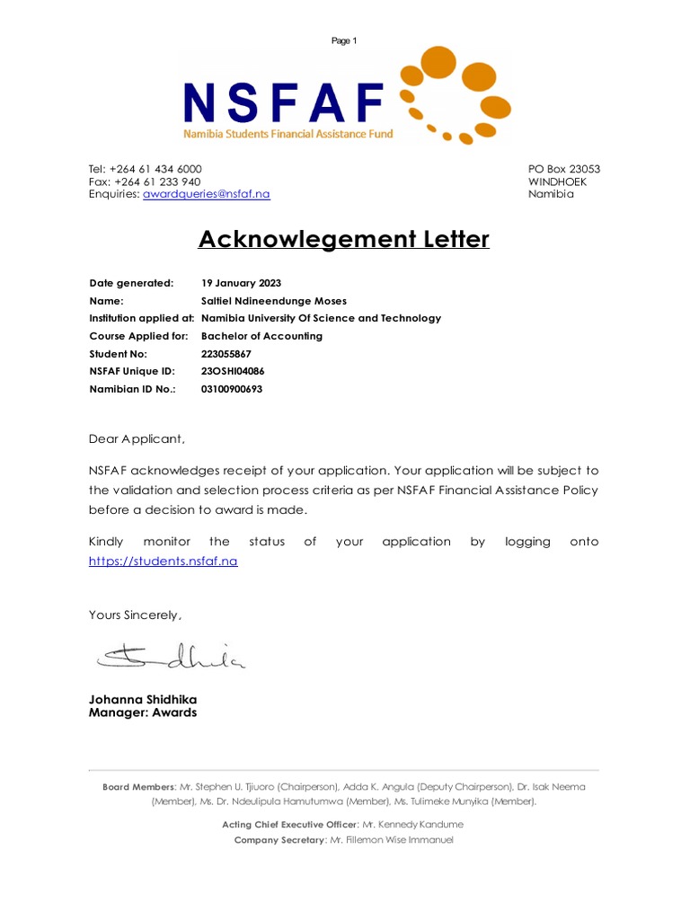 NSFAF Application Acknowledgment Letter | PDF