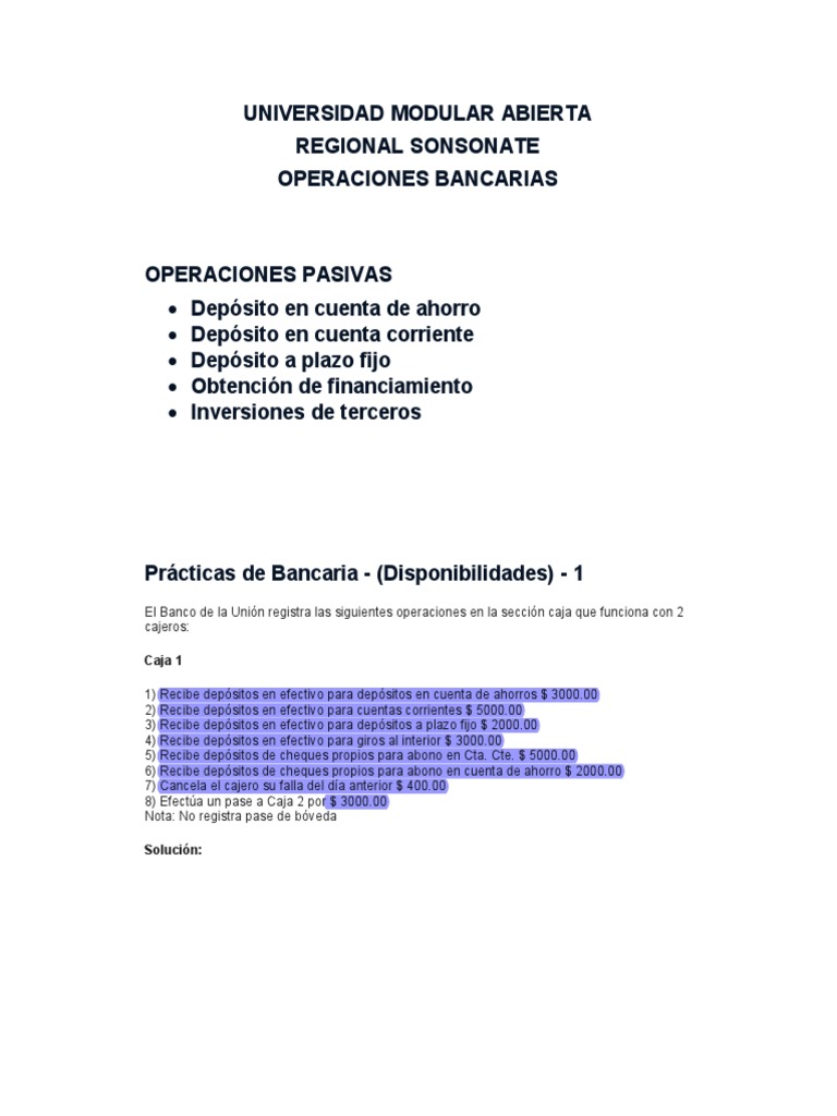 Practica Contable Contabilidad Bancaria - Operaciones Pasivas | PDF