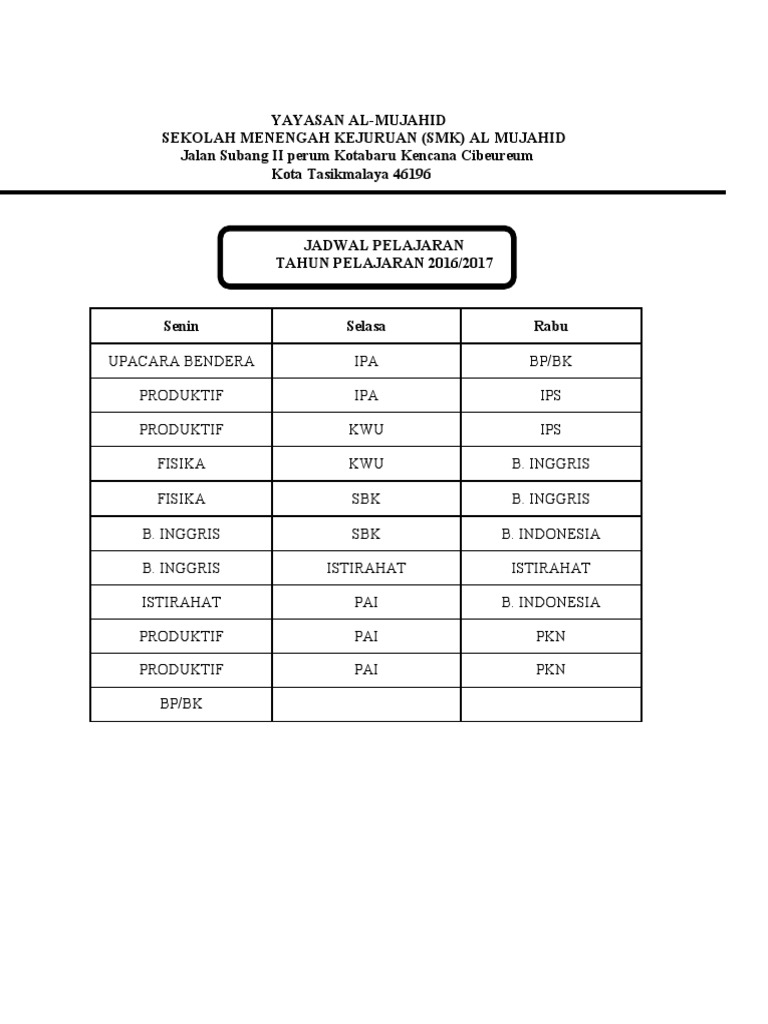 Struktur Organisasi Jadwal Pelajaran Dan Jadwal Piket Pdf