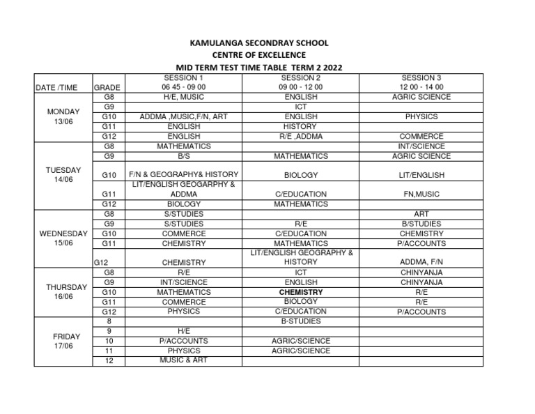 Mid Term Exam Time Table 2022 | PDF
