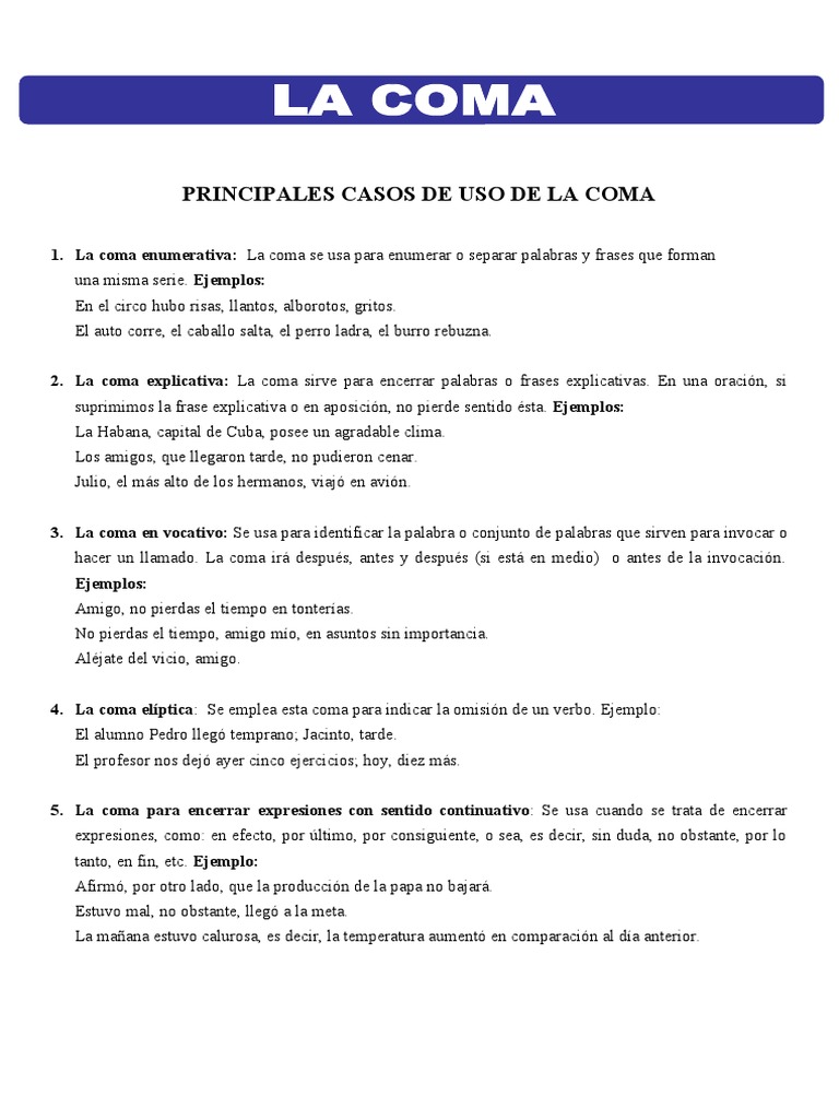 Usos y ejemplos de la coma | PDF