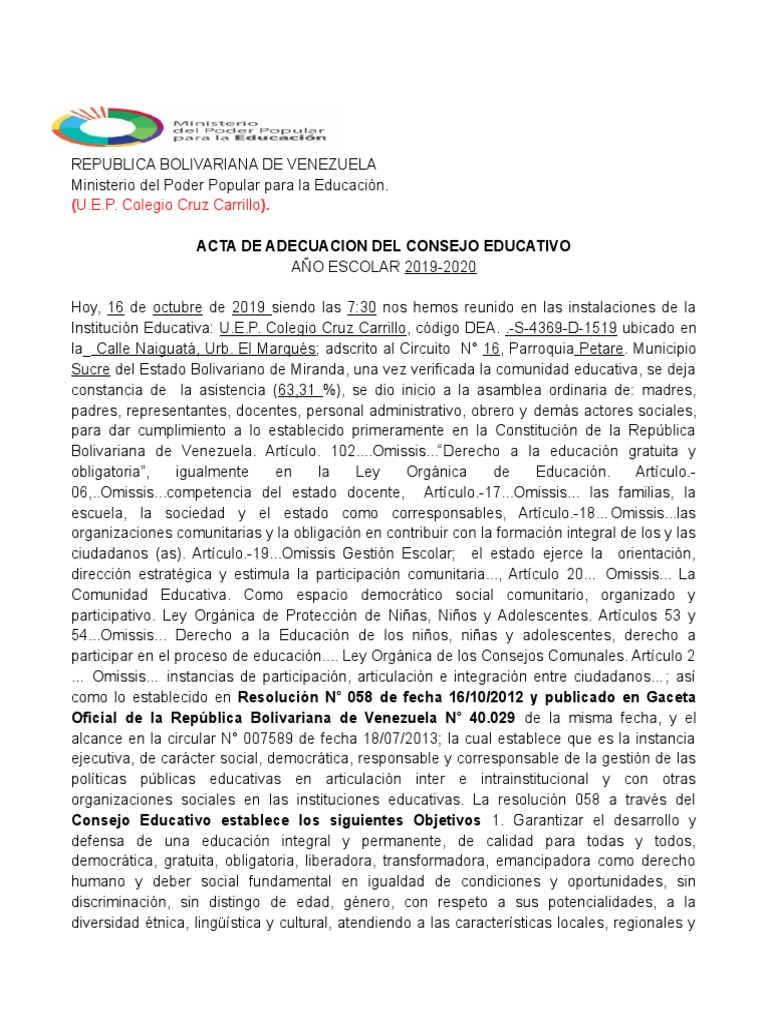 Acta Adecuacion Consejo Educativo 2019-2020 Nuevo Formato | PDF ...