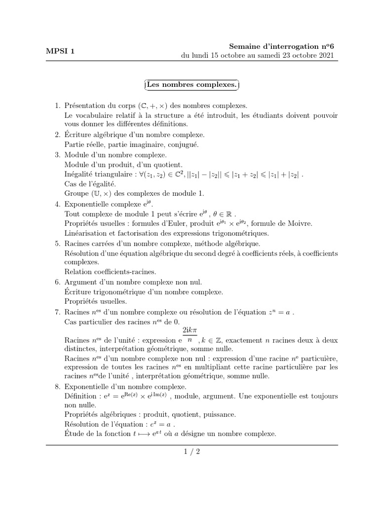 A2122 - Colle N°6 | PDF | Nombre complexe | Algèbre