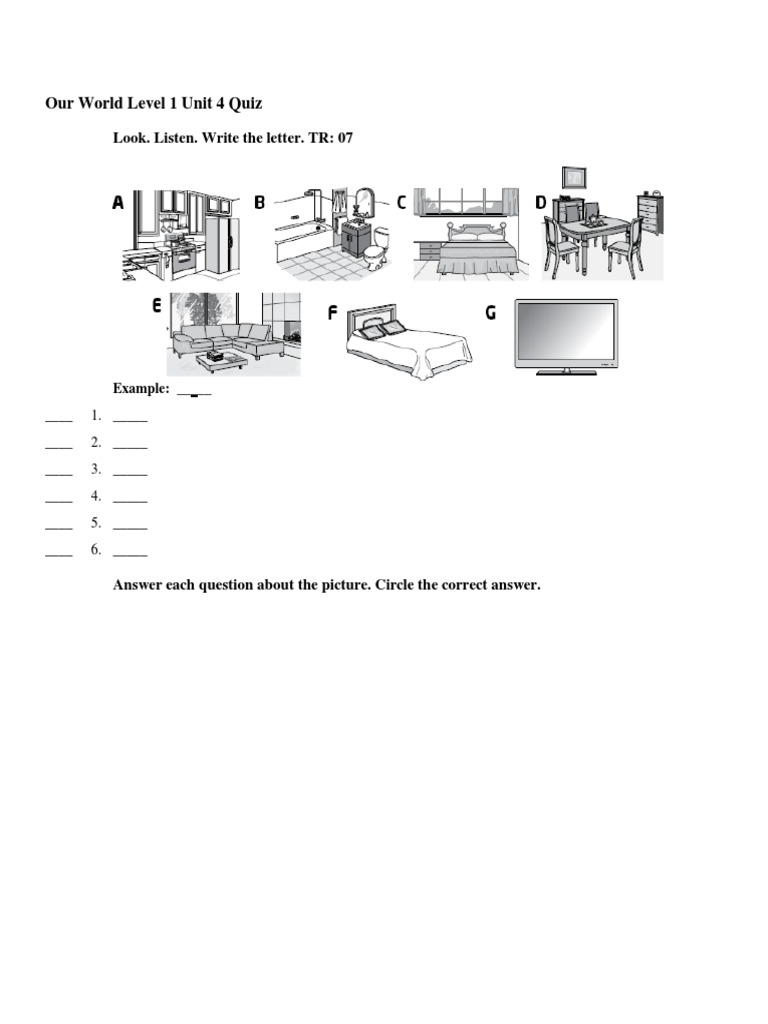 Our World Level 1 Unit 4 Quiz | PDF | Room | Bathroom