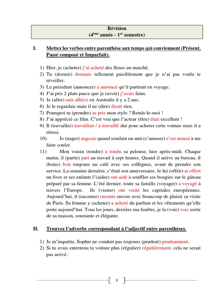 Corrigés (Révision) | PDF | Verbe