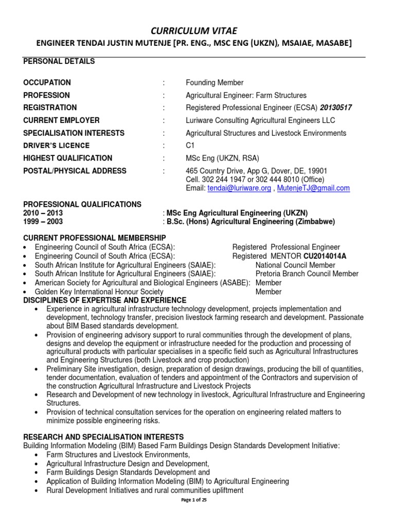 CV For Tendai Justin Mutenje Dover DE | PDF | Agriculture | Farms