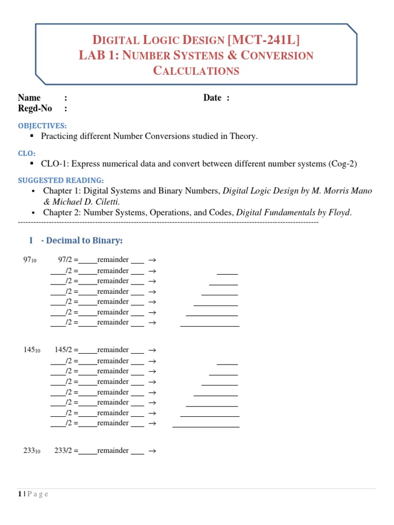 DLD Lab 01-Number System | PDF | Binary Coded Decimal | Mathematical Notation