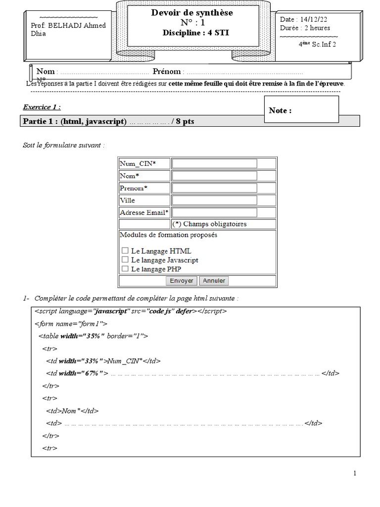 Devoir de s1 4sti 2 Partie HTML5 CSS | PDF | Html | Informatique