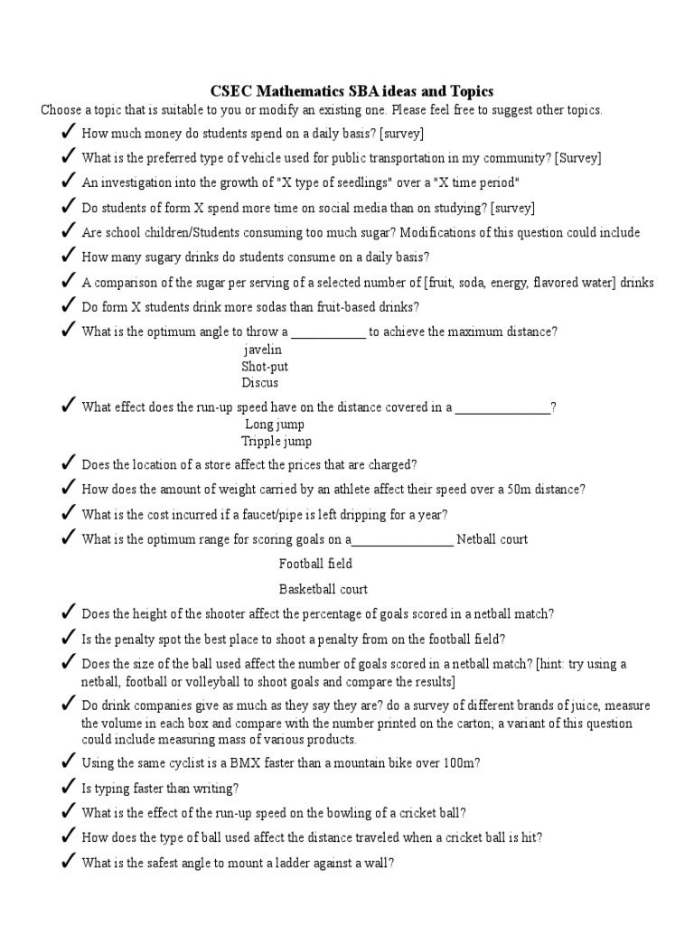 CSEC Mathematics SBA Ideas and Topics | PDF