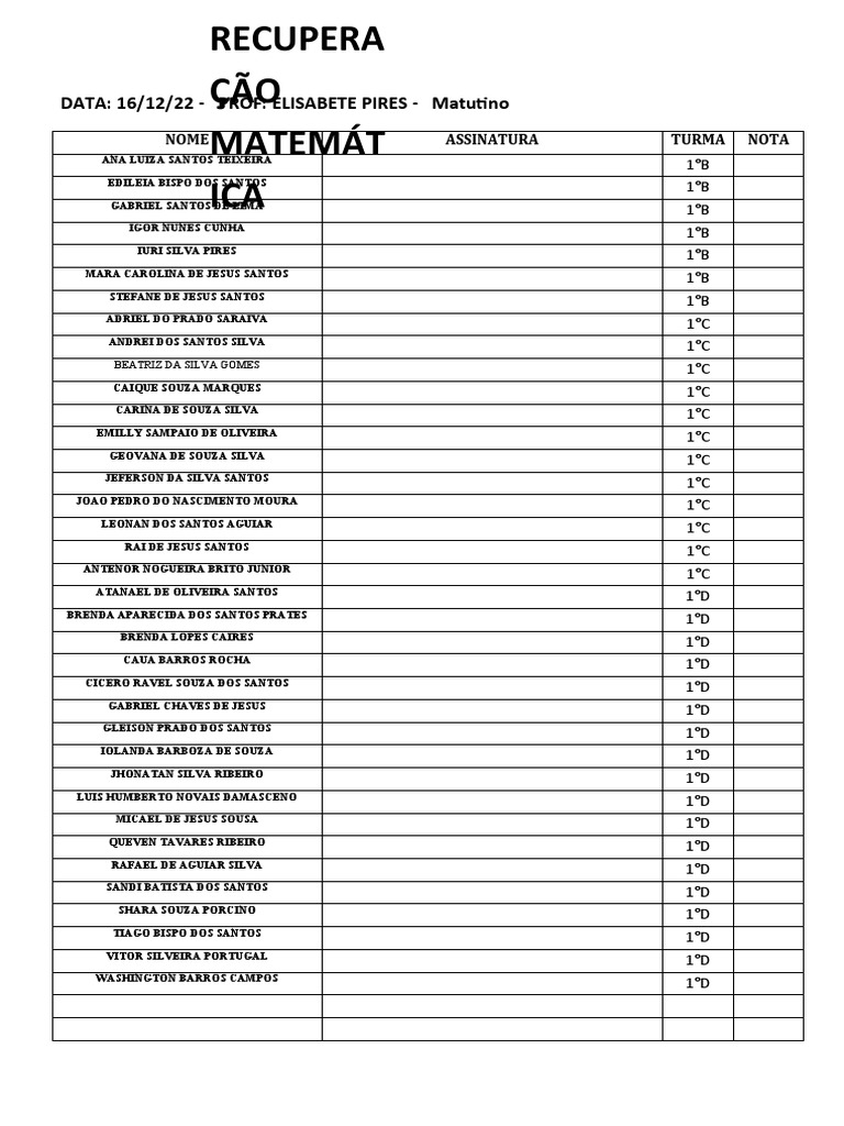 Lista Recuperação Matemática Pdf