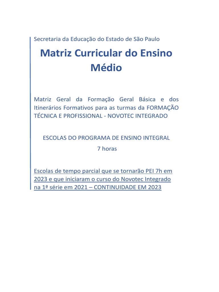 Matriz Curricular Novotec Integrado 2023 | PDF | Ensino médio | Science