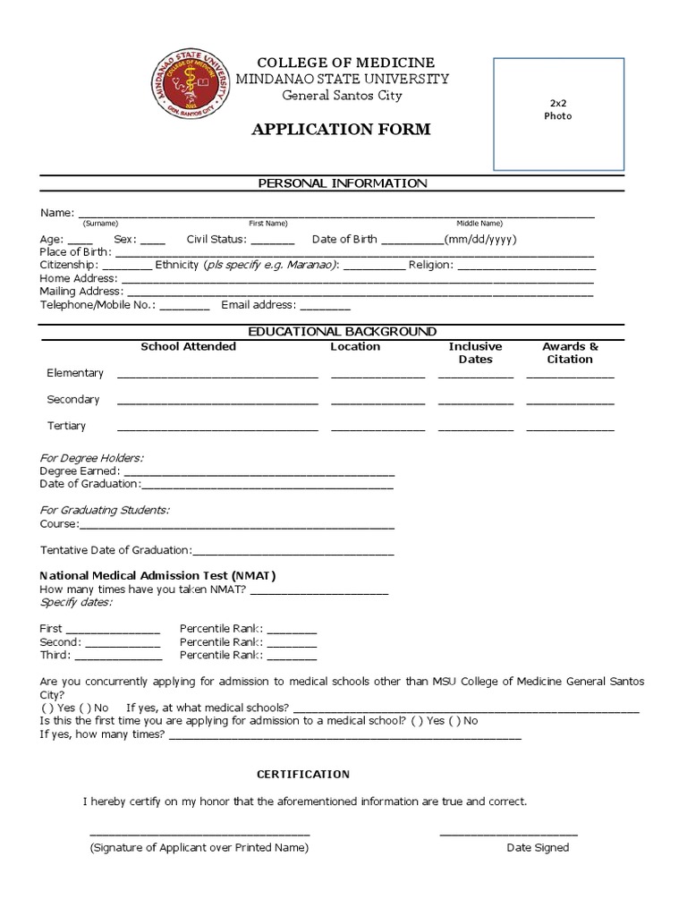 MSU Gensan College of Medicine Application | PDF | Medical School