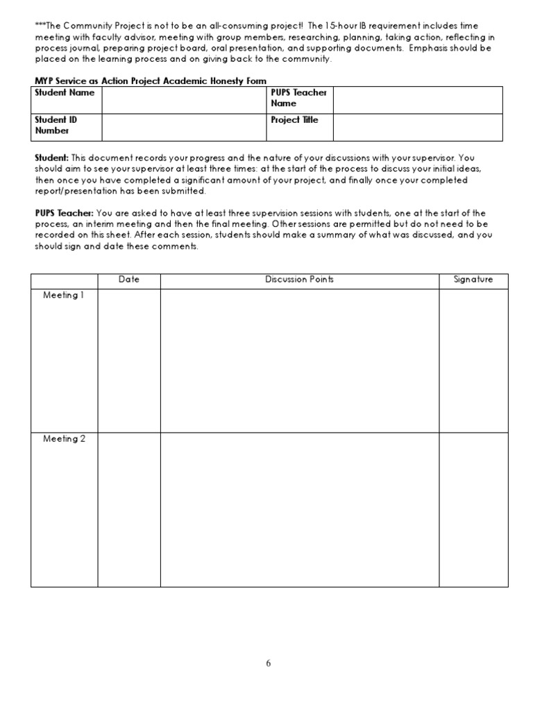 Myp Service As Action Project Academic Honesty Form PDF
