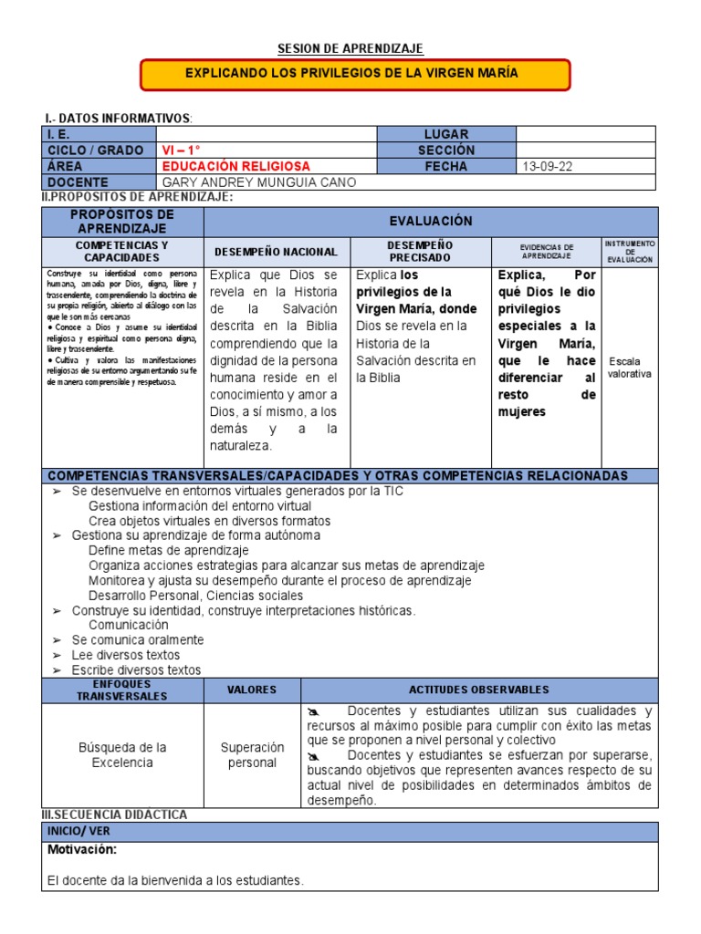 Sesion de Aprendizaje Privilegio Mariano | PDF | Maestros | Aprendizaje