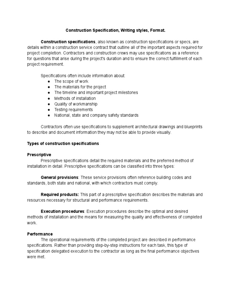 Construction Specification, Writing Styles, Format | PDF ...
