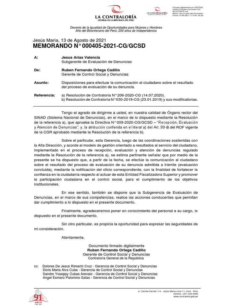 Memorando 000405 2021 GCSD | PDF | Gobierno | Perú
