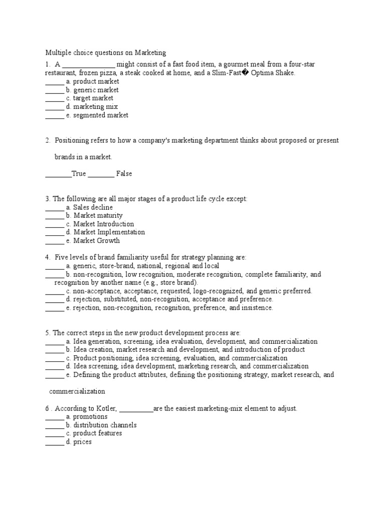 Multiple Choice Questions On Marketing | PDF | Strategic Management ...