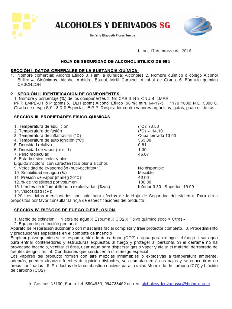 Hoja de Seguridad del Alcohol Etílico 96% | PDF | Etanol | Dióxido de ...
