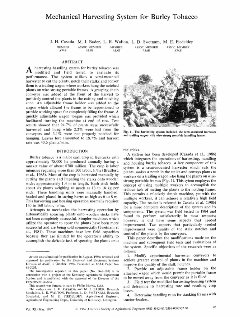 Mechanical Harvesting System For Burley Tobacco | PDF | Tractor ...