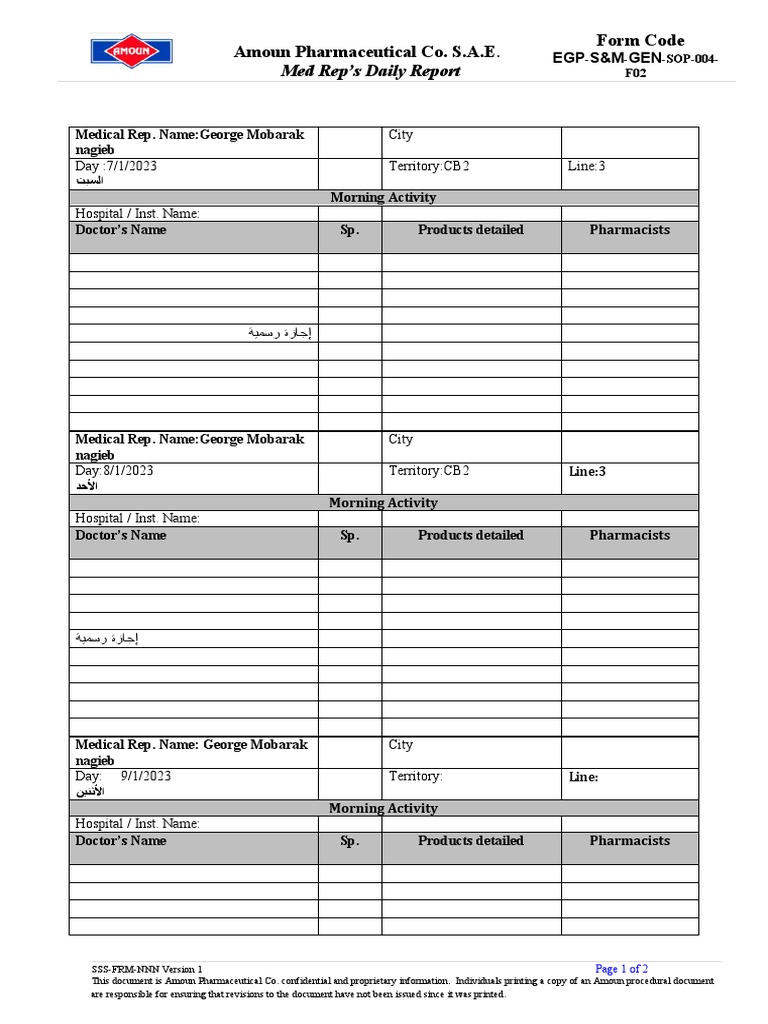 Med Rep's Daily Report Form 2 | PDF | Health Care | Health Sciences
