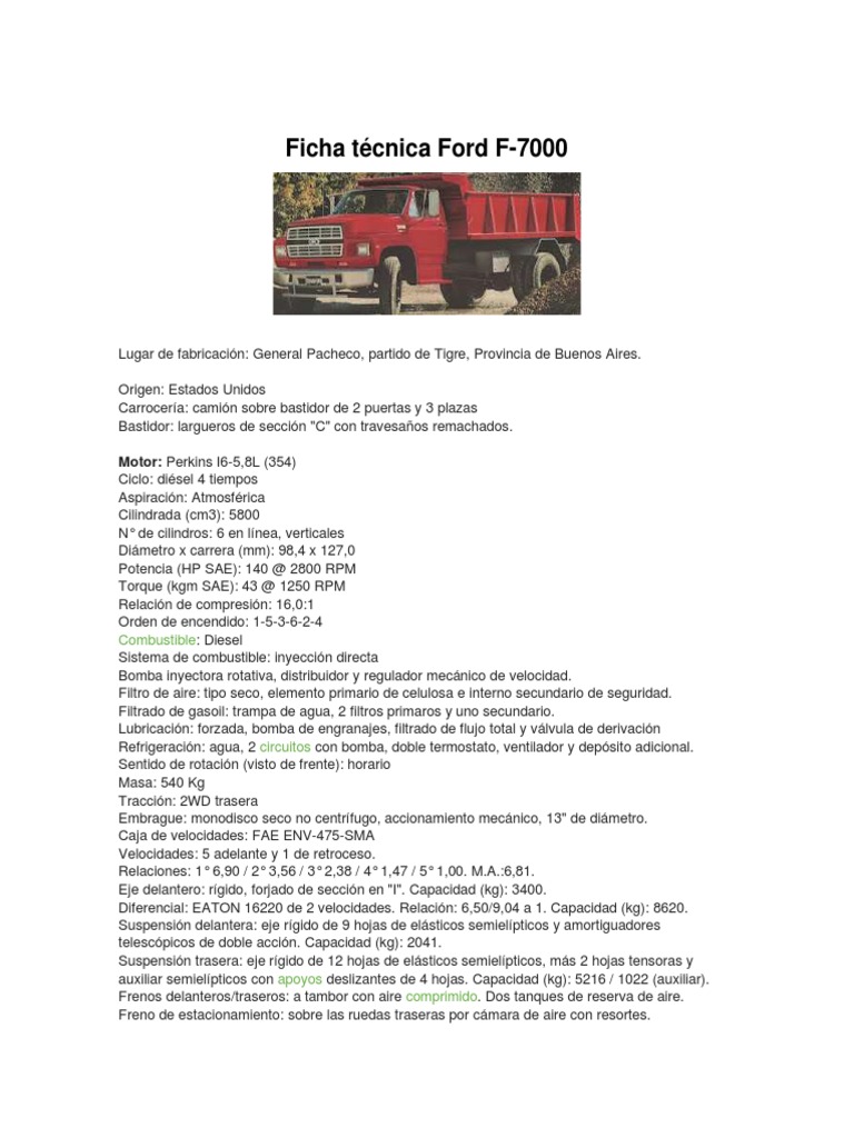 Ficha técnica del camión Ford F-7000 con motor Perkins I6-5,8L | PDF ...