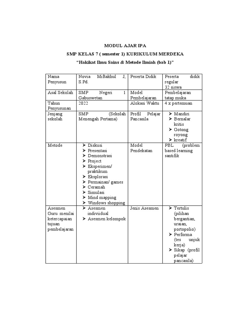 Modul Ipa Kelas 7 Kurikulum Merdeka | PDF