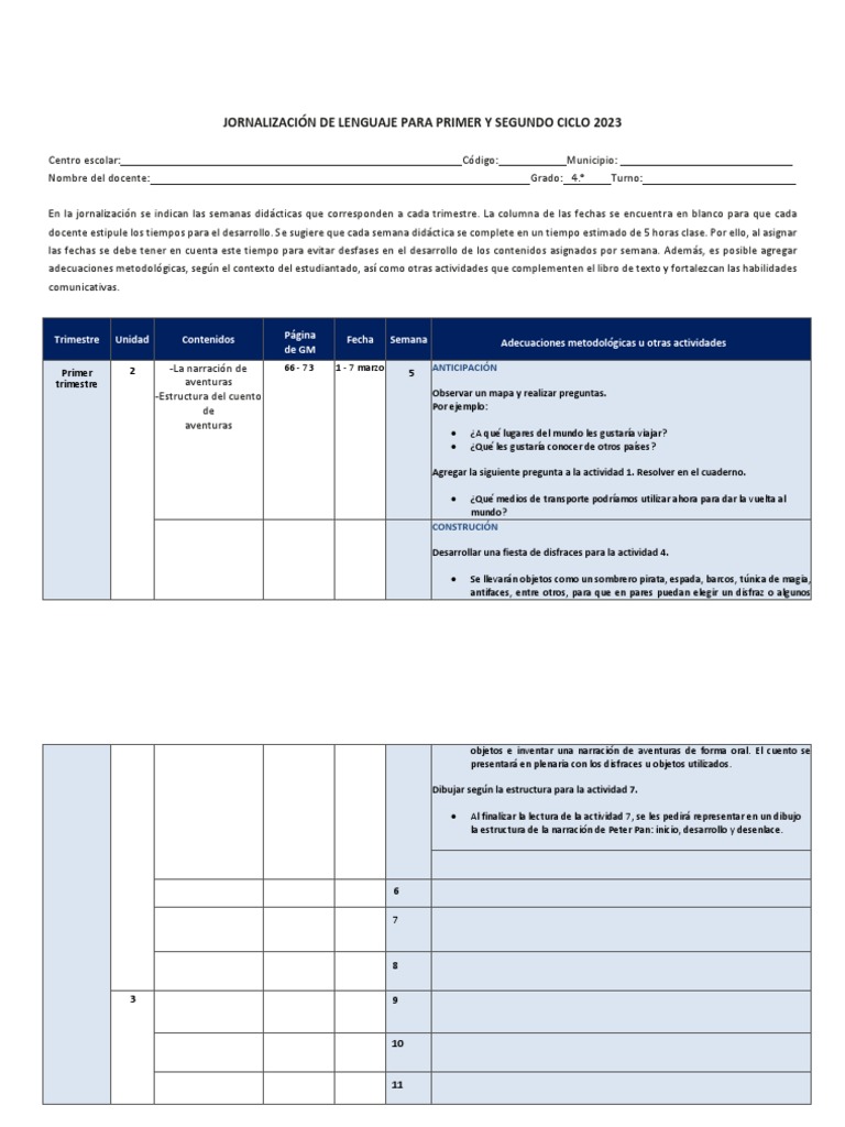 Ejemplo de Jornalización Lenguaje 4.º Grado, Unidad 2, Semana 1 | PDF
