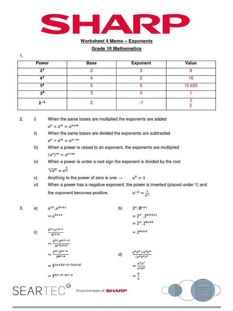 Worksheet 4 Memorandum Exponents Grrade 10 Mathematics | PDF ...