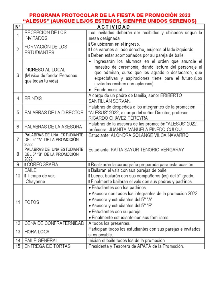 Programa Protocolar de La Fiesta de Promoción 1 | PDF