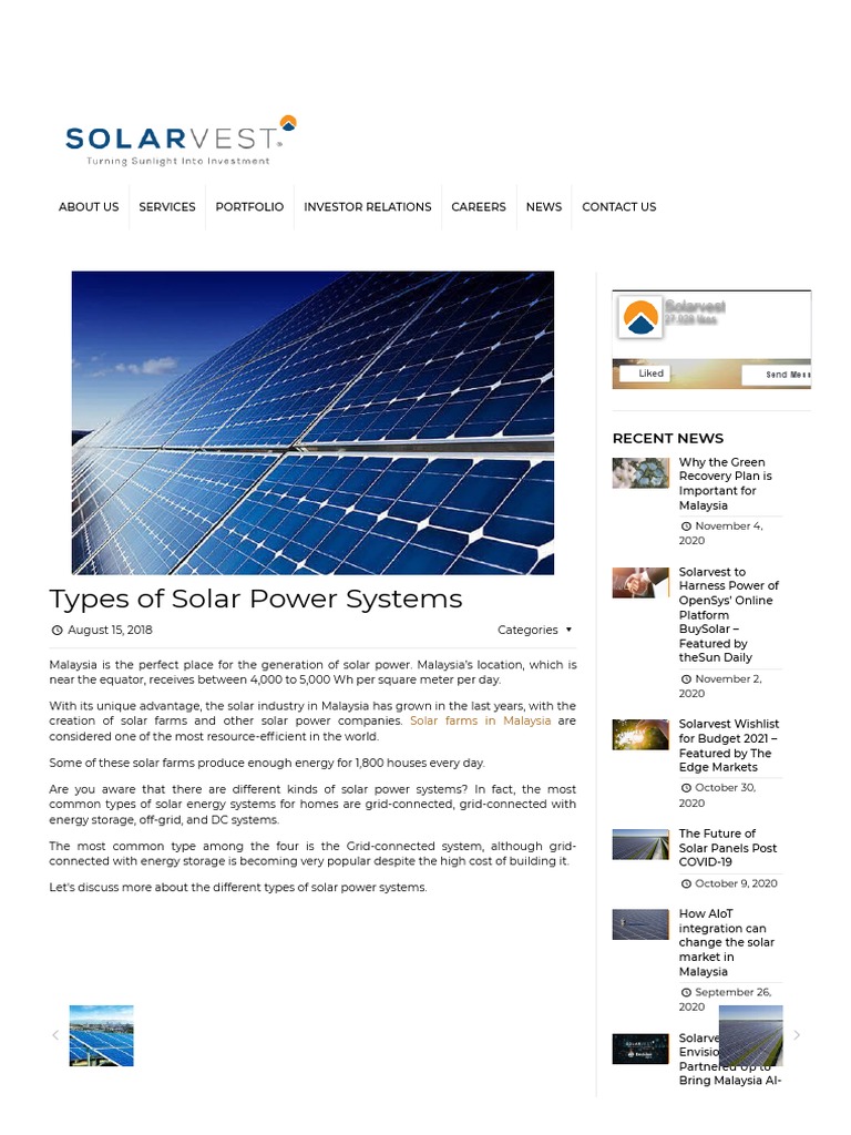 Types of Solar Power Systems - Grid-Connected System, Off-Grid, DC ...