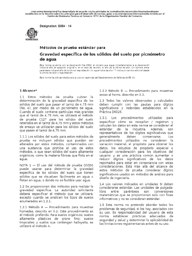 Astm D 854-14 Gravedad Específica de Los Solídos Del Suelo Por ...