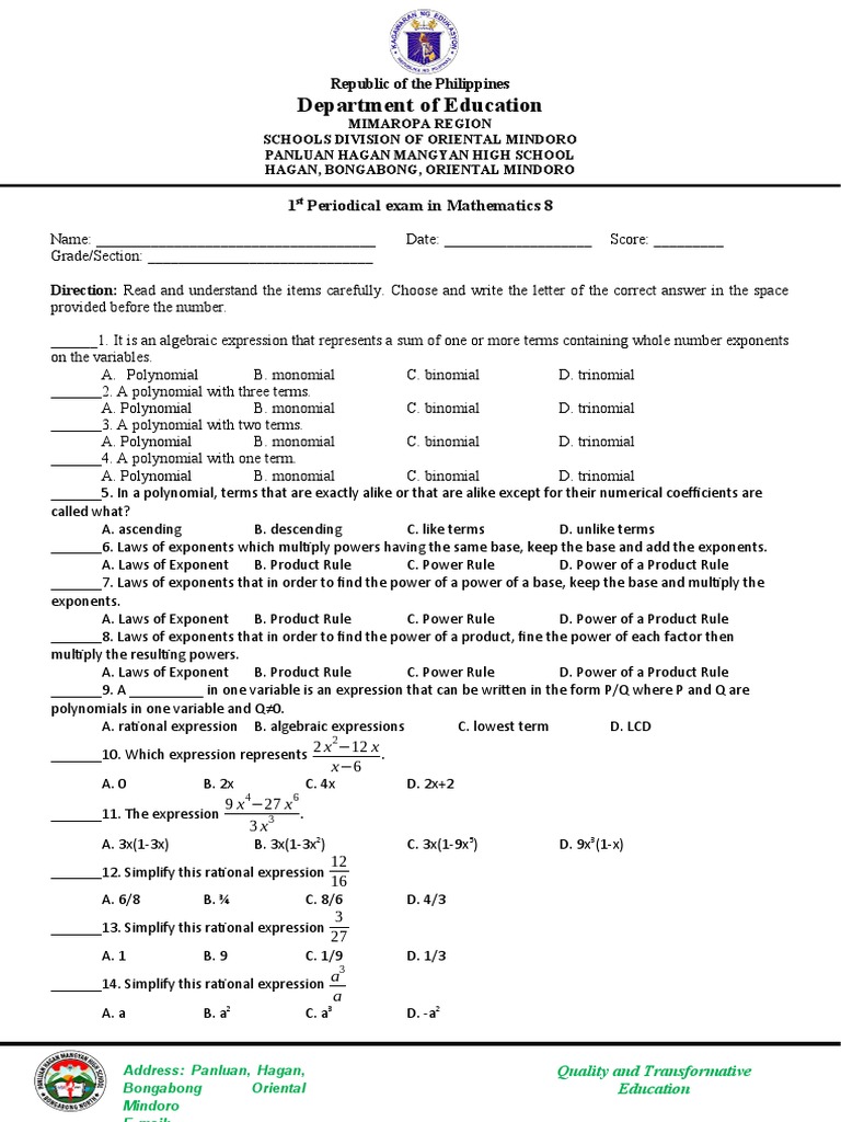 1st Periodical Exam in Mathematics 8 | PDF | Polynomial | Exponentiation
