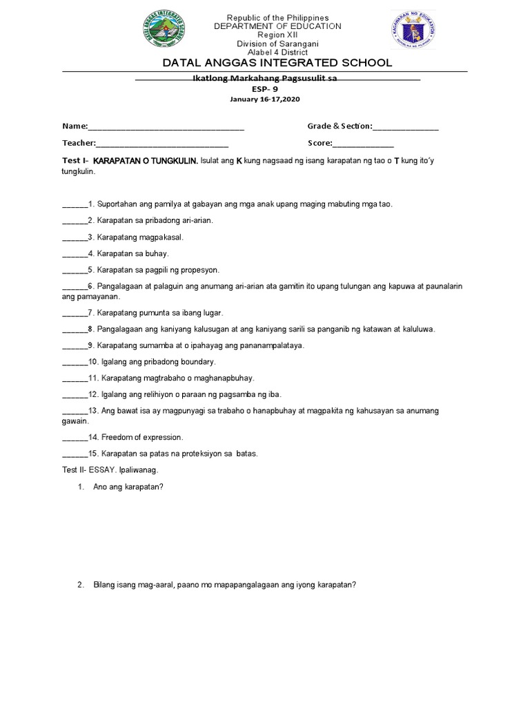 1st Quarter Exam - Grade 9 Esp | PDF