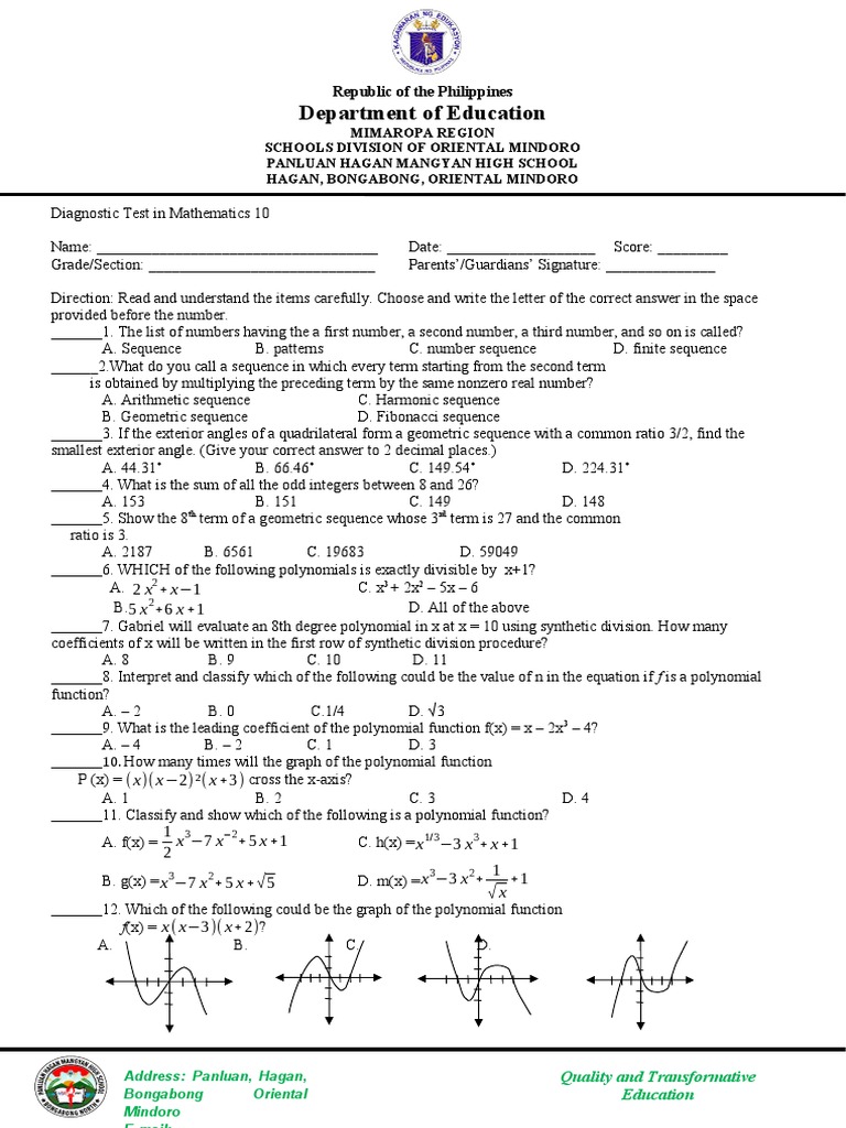 Diagnostic Test in Mathematics 10 | Download Free PDF | Circle | Sequence