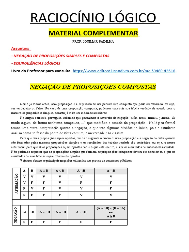MATERIAL COMPLEMENTAR AULAS 04 e 05 - Negações e Equivalências | PDF ...