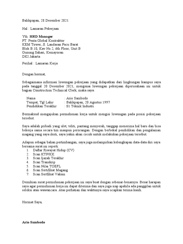 Surat Lamaran Kerja Ario Penta Global Kontraktor | PDF