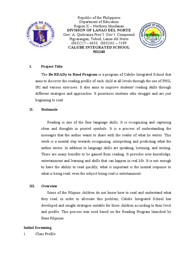 Calube Integrated School's Be READy Reading Program | PDF | Educational ...