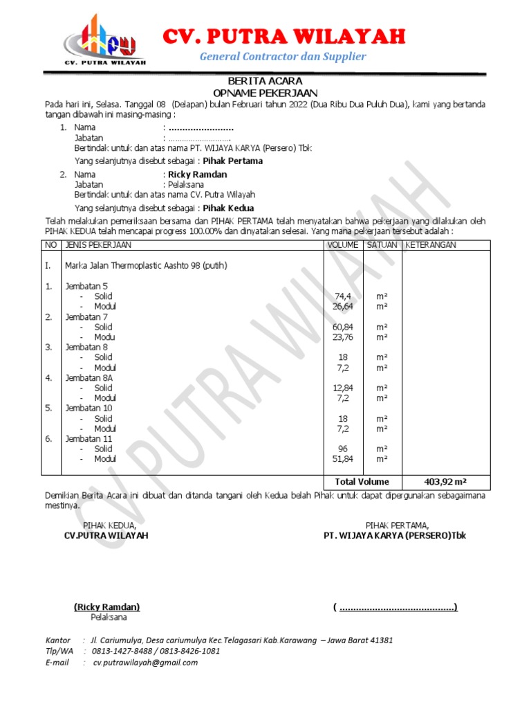 Contoh Berita Acara Opname / PHO | PDF | Teknologi & Rekayasa