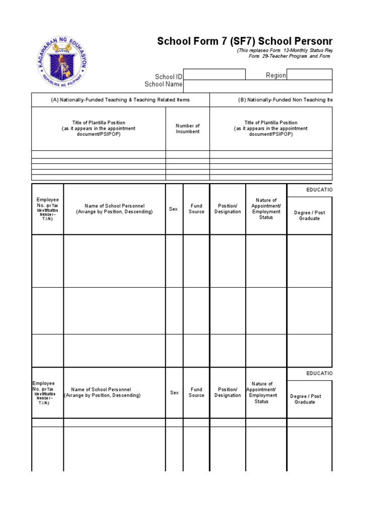 SF 7 School Personnel Assignment List and Basic Profile | PDF | Government
