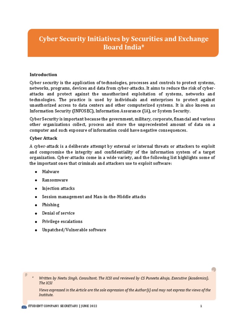 Cyber Security Initiatives by Securities and Exchange Board India | PDF ...