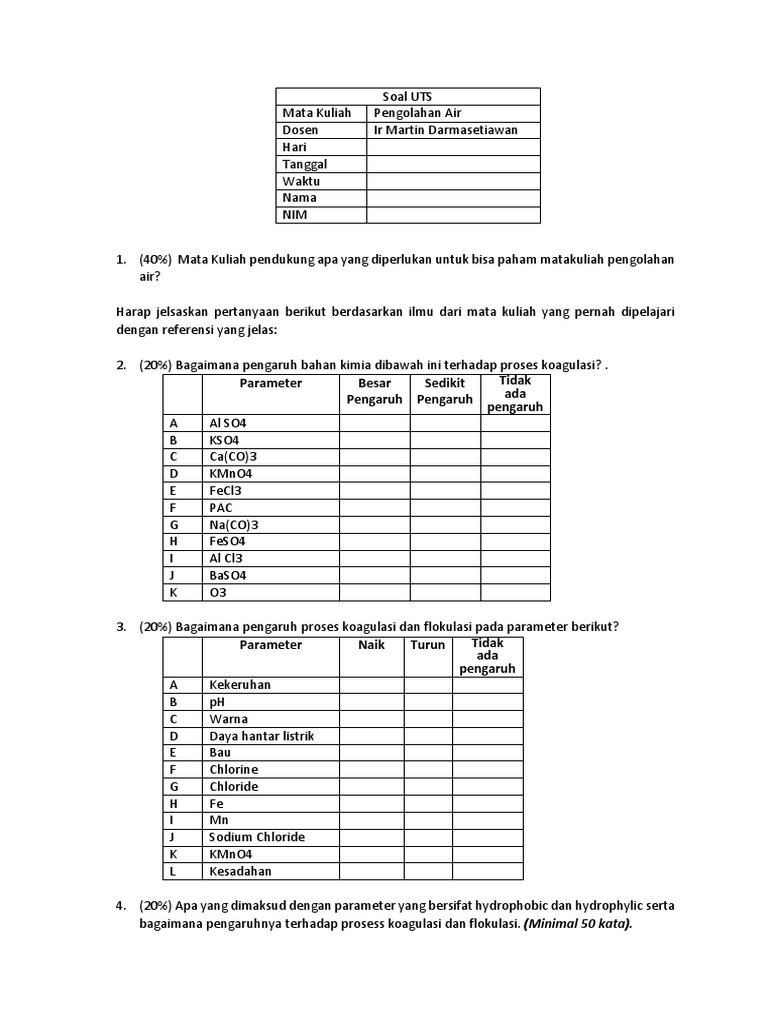 Soal Pengolahan Air UTS 2020-2021 | PDF