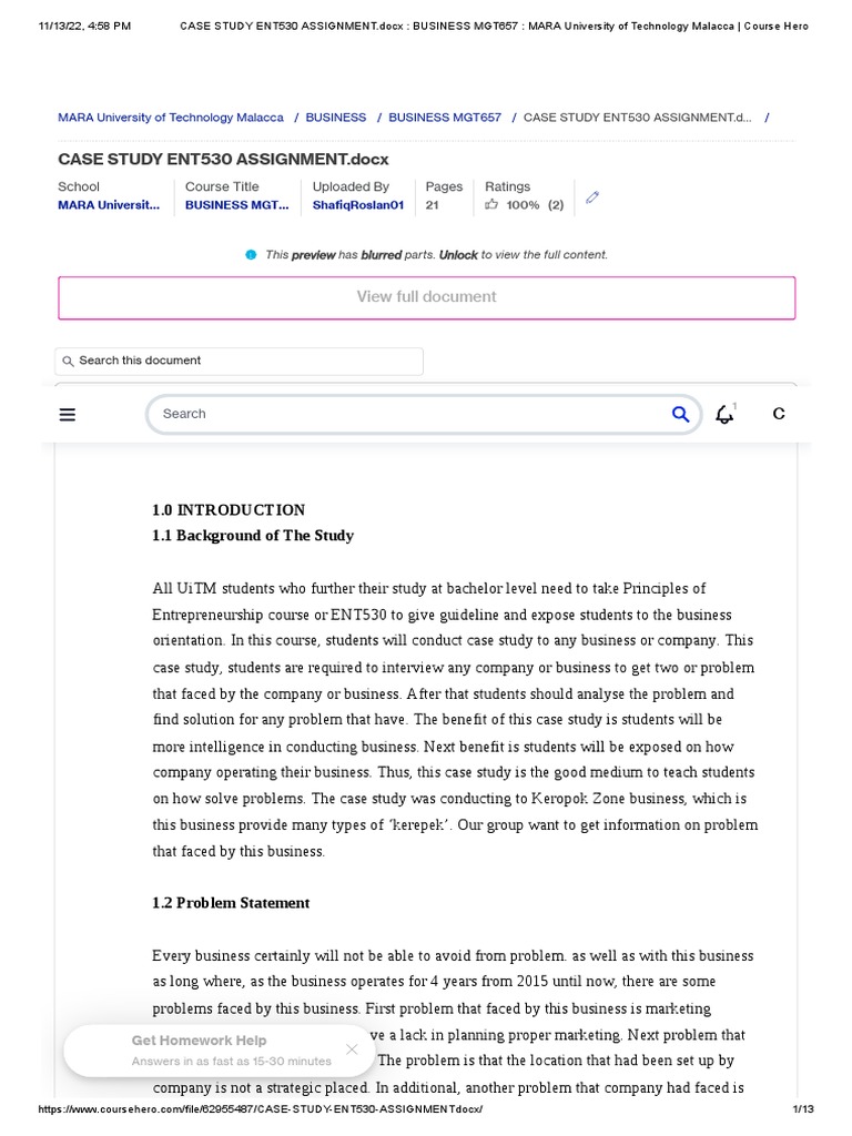 CASE STUDY ENT530 ASSIGNMENT - Docx - BUSINESS MGT657 - MARA University ...