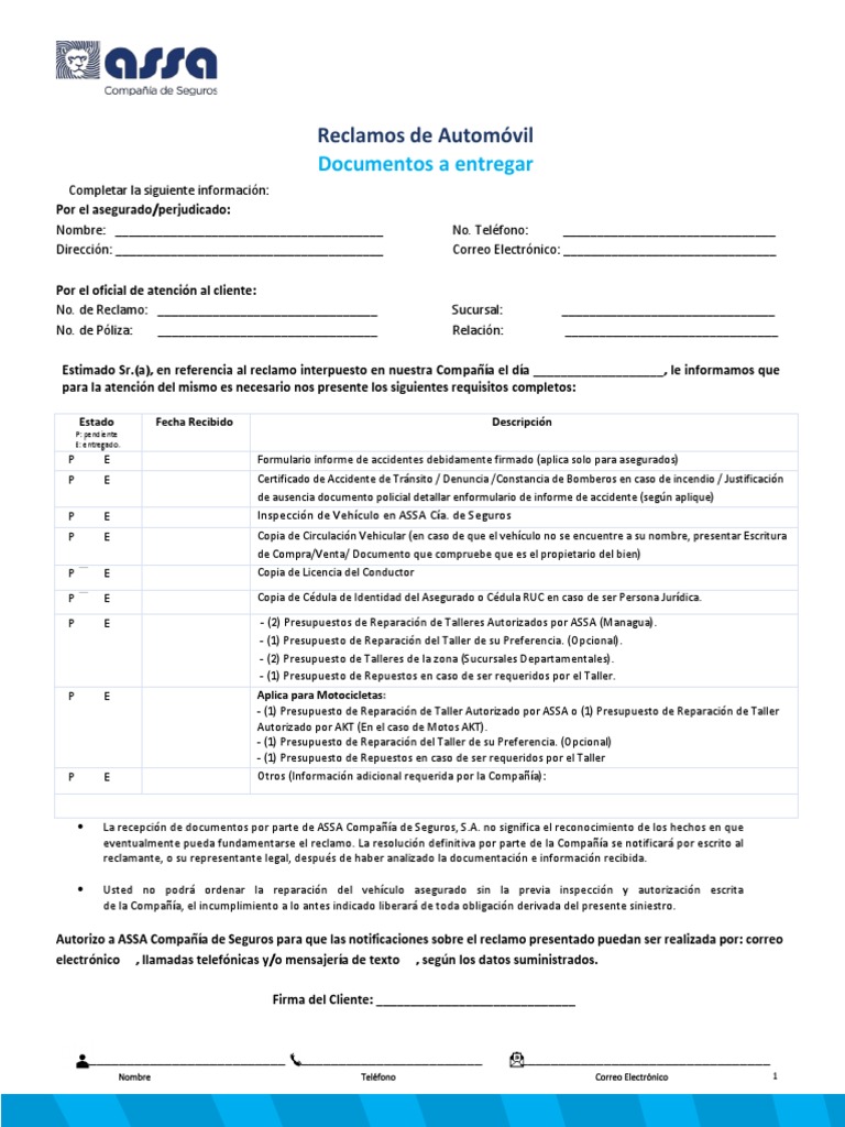 Check List Requisitos Reclamos Auto V12 | PDF