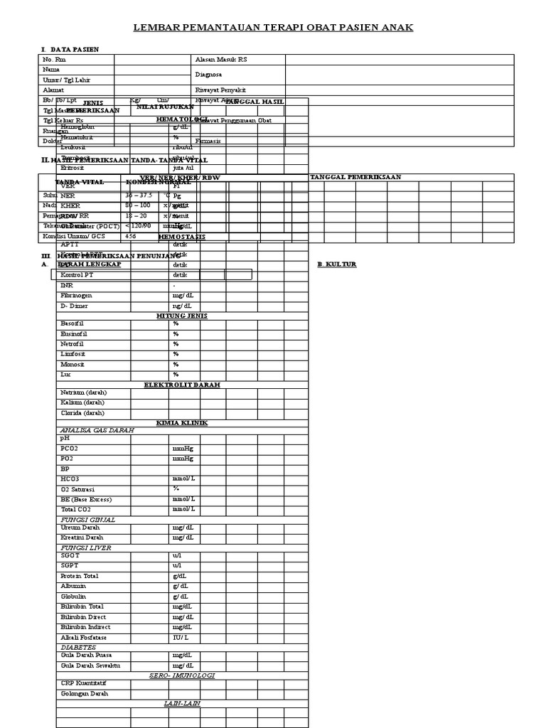 LEMBAR PEMANTAUAN TERAPI OBAT PASIEN ANAK Standar Kosong | PDF