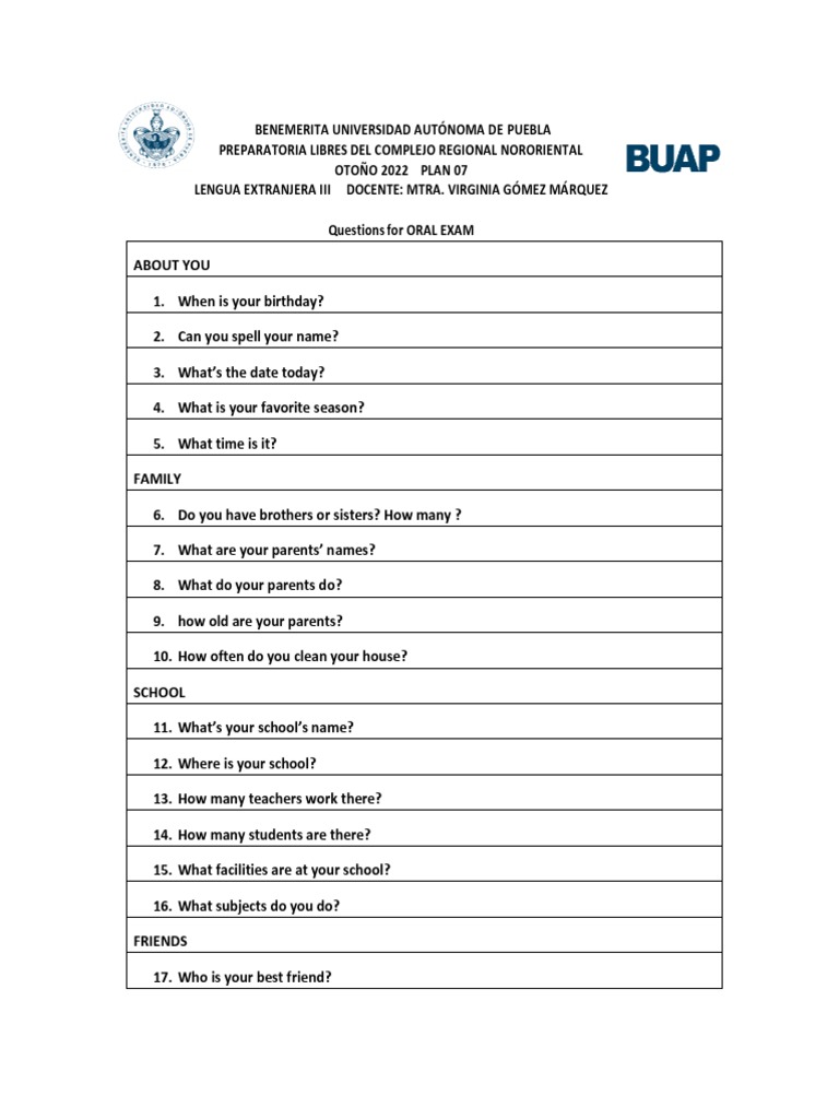 QUESTIONS Oral Exam English III | PDF