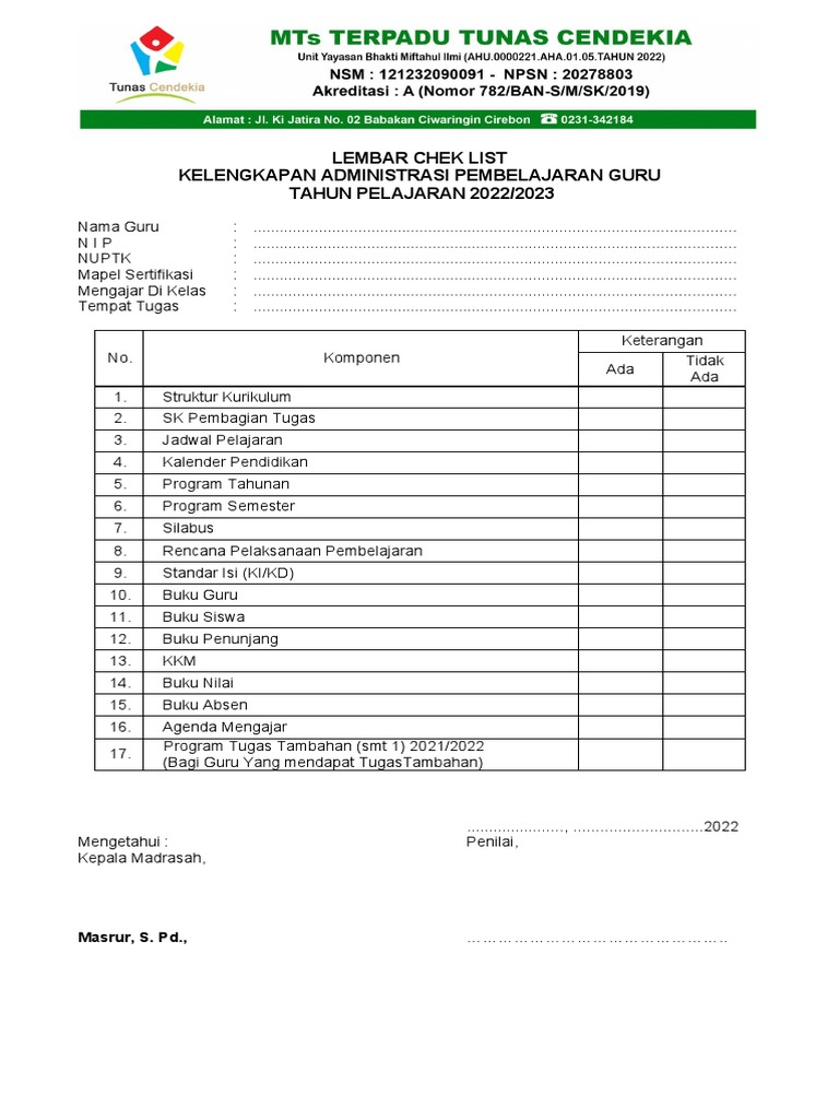 Lembar Cheklist Kelengkapan Administrasi Guru | PDF